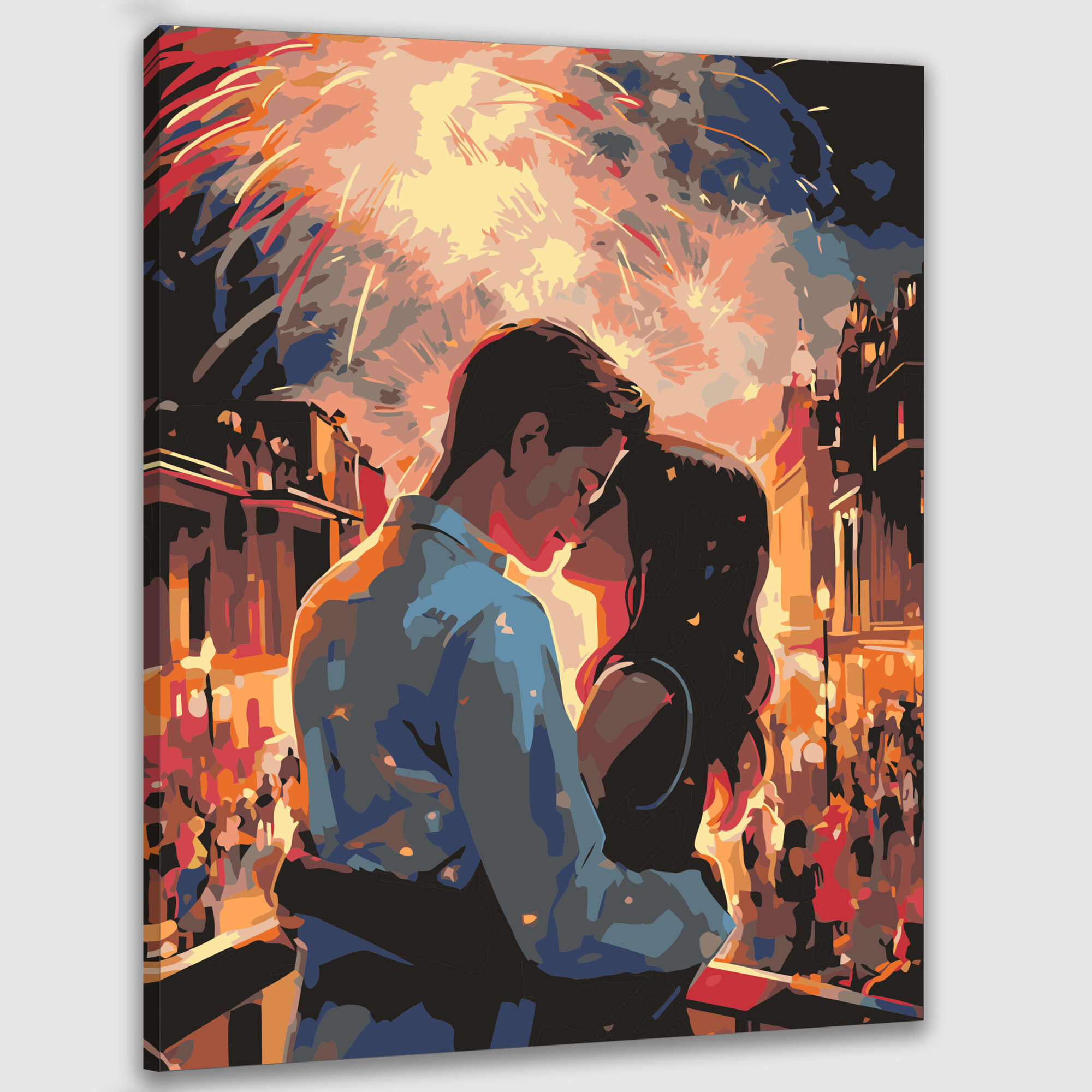 Картина по номерам 40x50 см, фейерверк, поцелуй, городская площадь, романтика, объятия, пара, ночь, иллюстрация