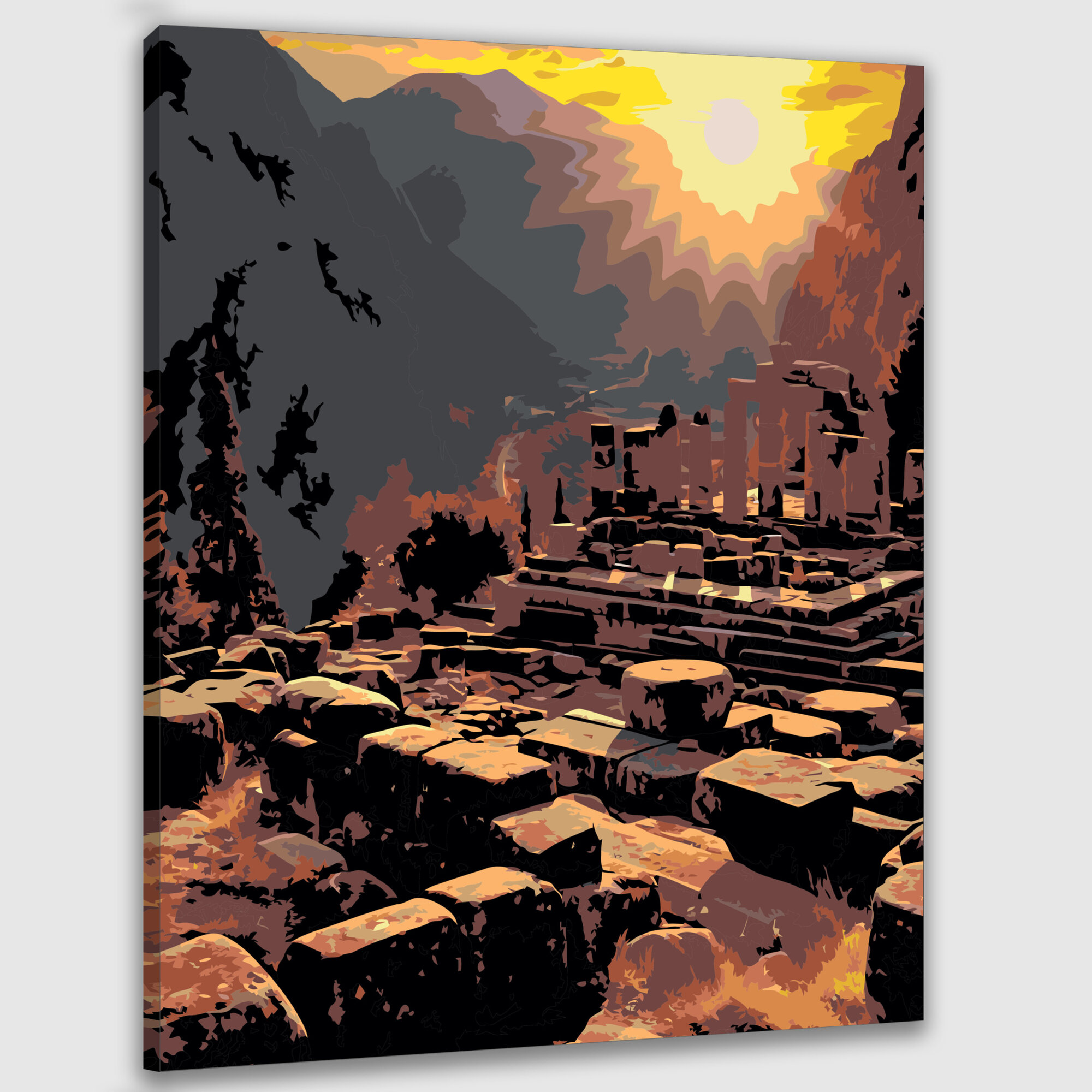 Картина по номерам 40x50 см, фотография, руины храма Аполлона, Дельфы, золотой свет, заходящее солнце