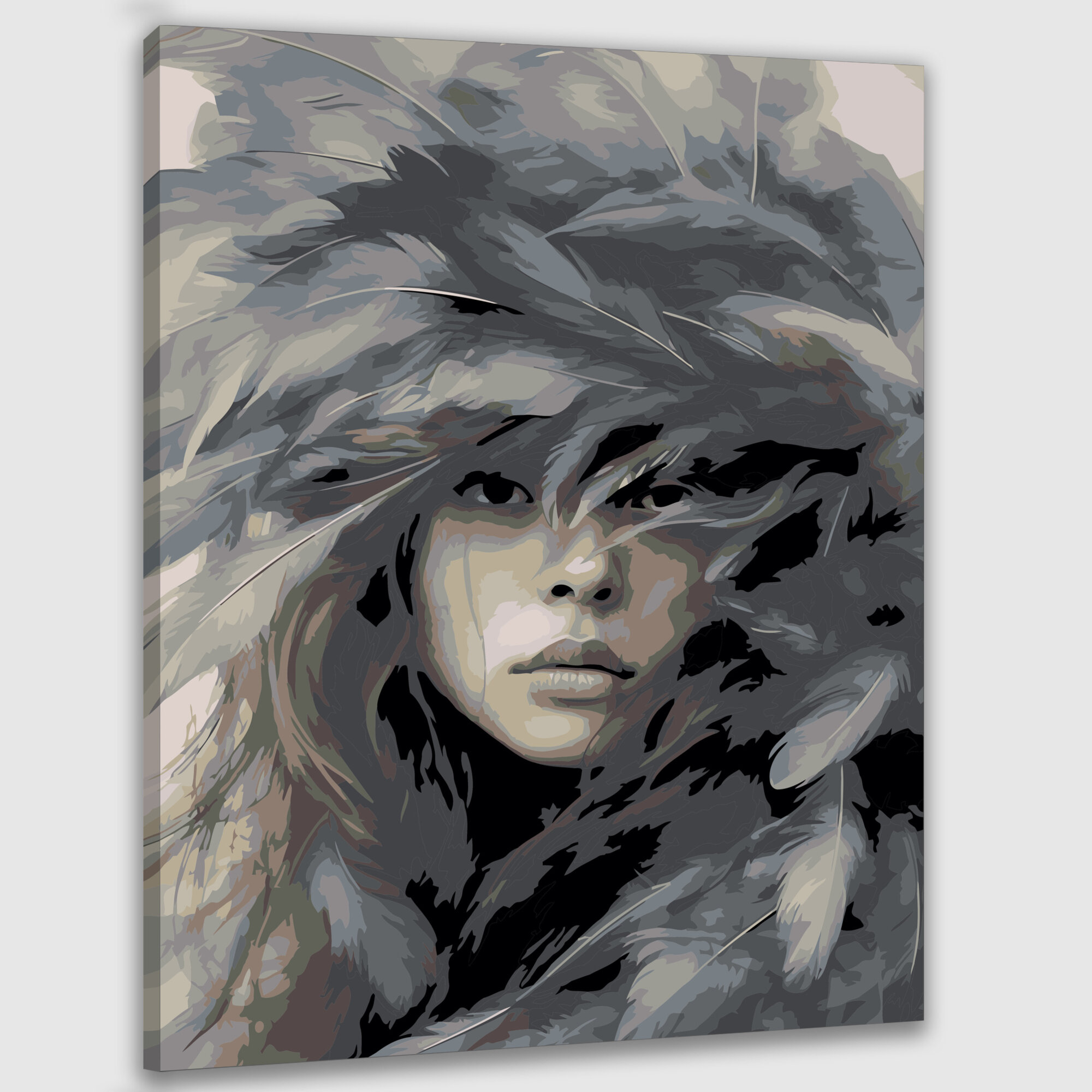 Картина по номерам 40x50 см, девушка, лицо, перья, загадочность, любопытство, смешанная техника