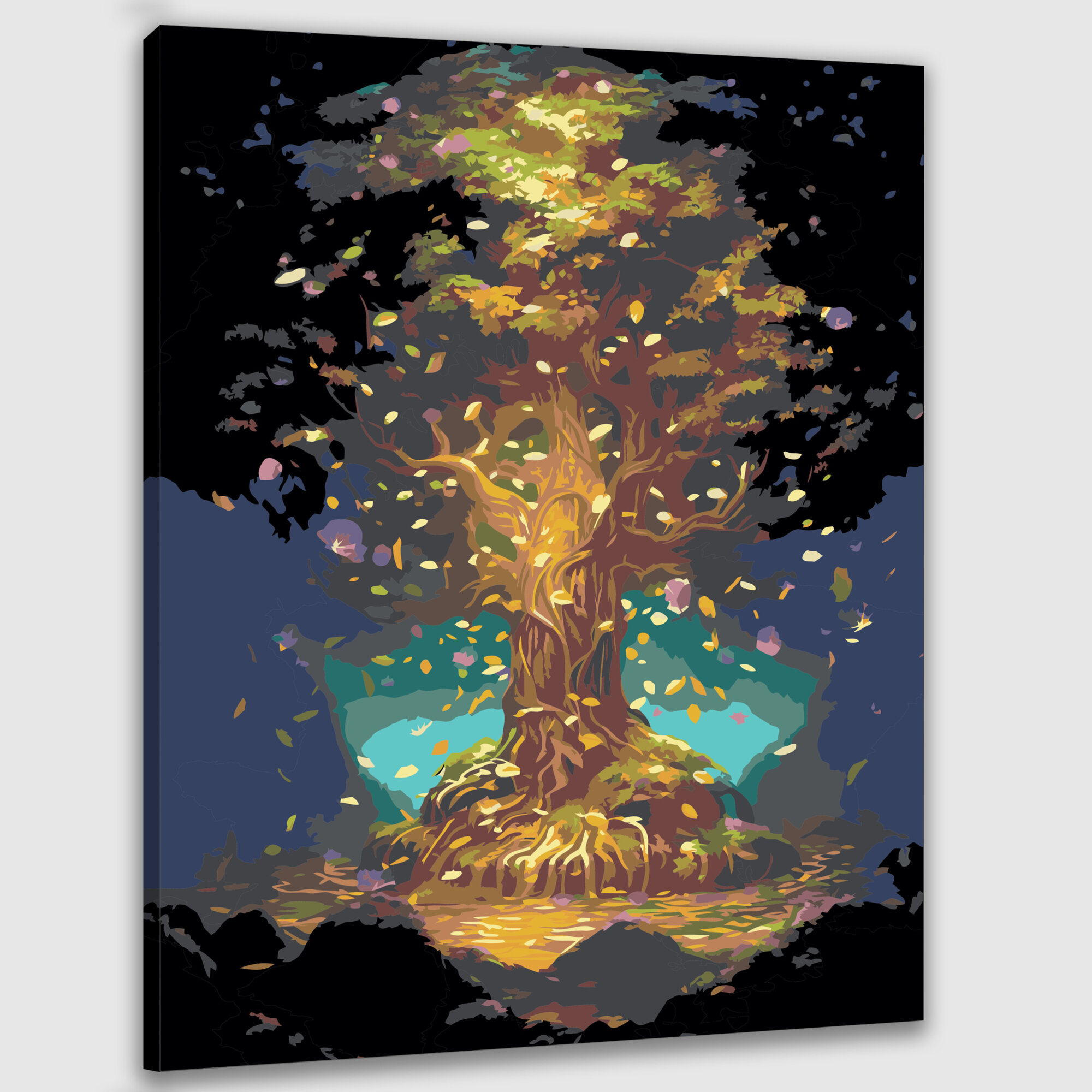 Картина по номерам 40x50 см, волшебное денежное дерево, золотые монеты, банкноты, причудливый лес, чарующее сияние