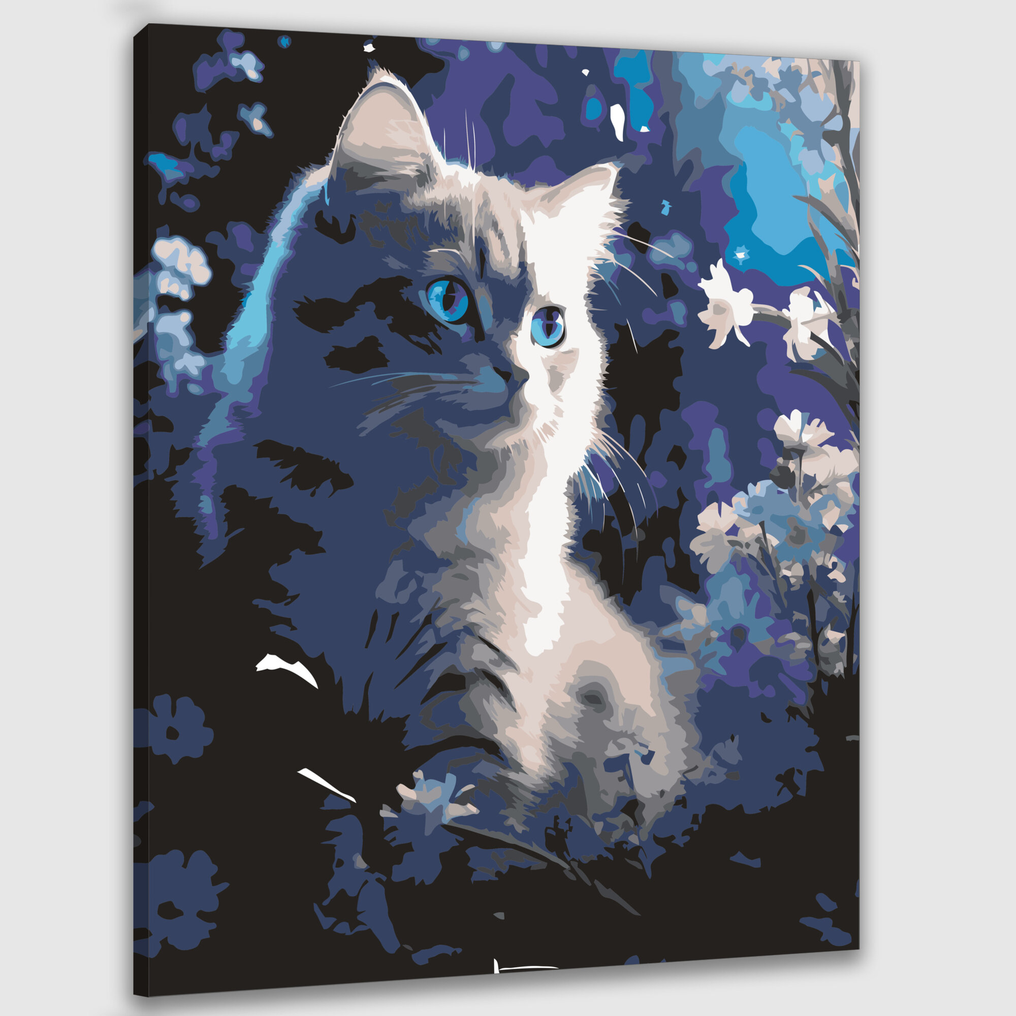 Картина по номерам 40x50 см, голубая кошка, сад, лунный свет, уют, мечтательность, неземность, прохладные тона