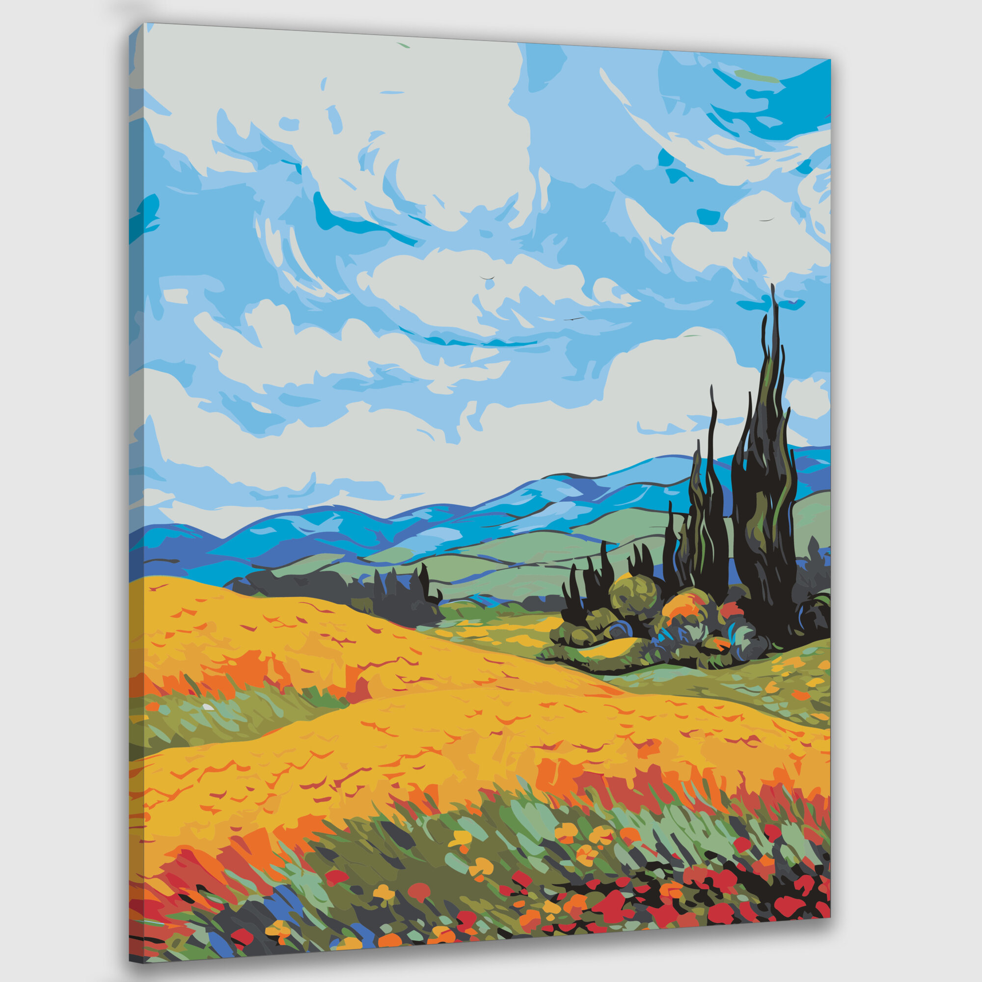 Картина по номерам 40x50 см, картина, пейзаж, Ван Гог, постимпрессионизм, небо, синий, желтый, зеленый, холмы