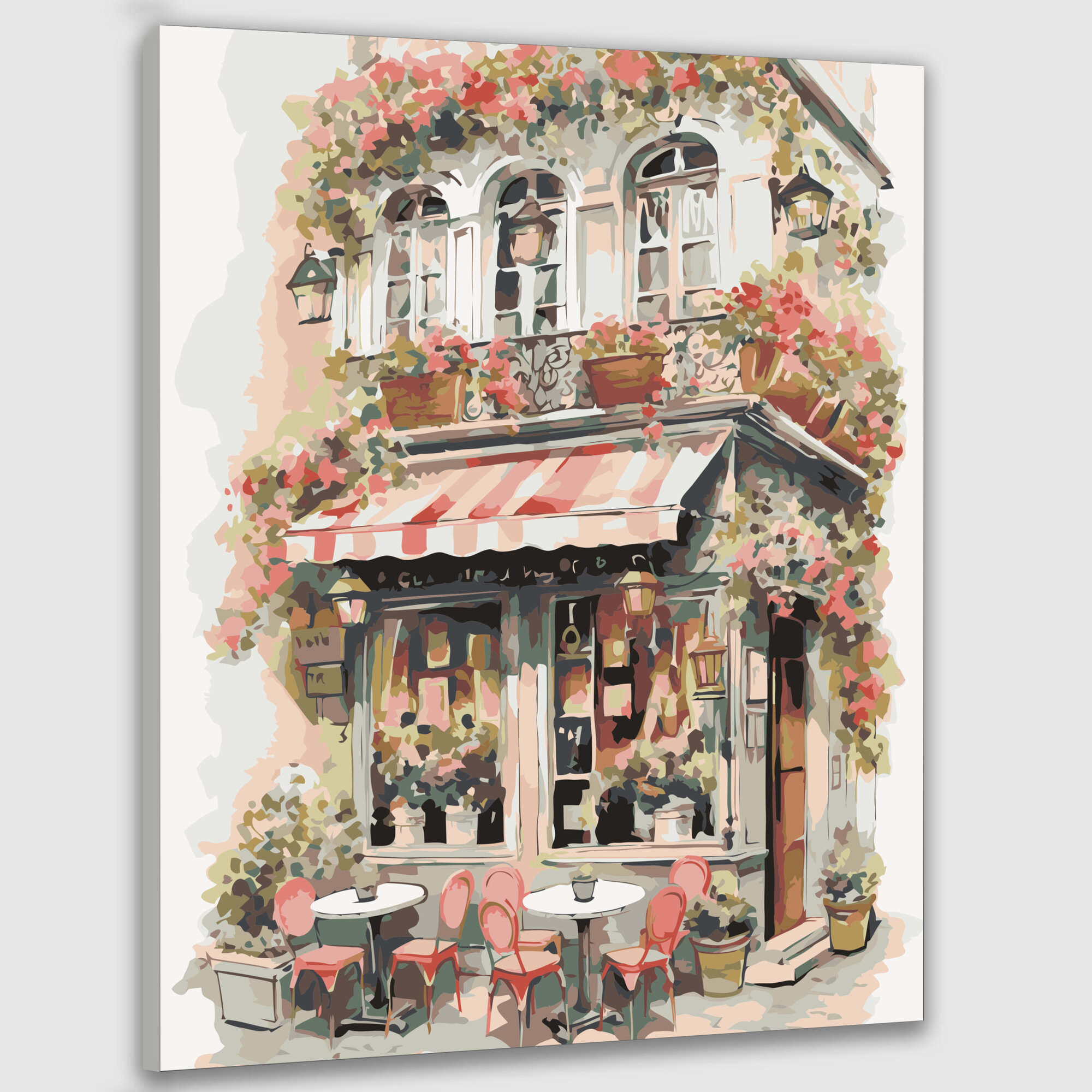 Картина по номерам 40x50 см, акварельная иллюстрация, уютное кафе, европейская деревушка, мощеные улочки, магазинчики