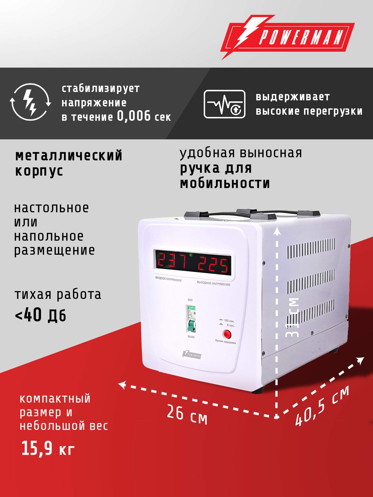 Стабилизатор напряжения POWERMAN AVS 10000 E, 8000 Вт, 220 В, для компьютера, телевизора и другой техники — фото 1