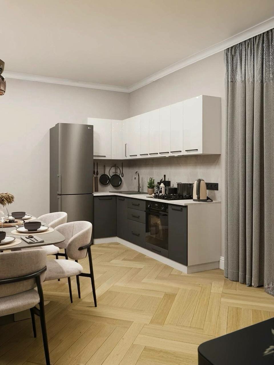 Модульная кухня угловая ЛДСП 1х2,6м белый глянец/графит без столешницы мебельный РАЙ У1.3