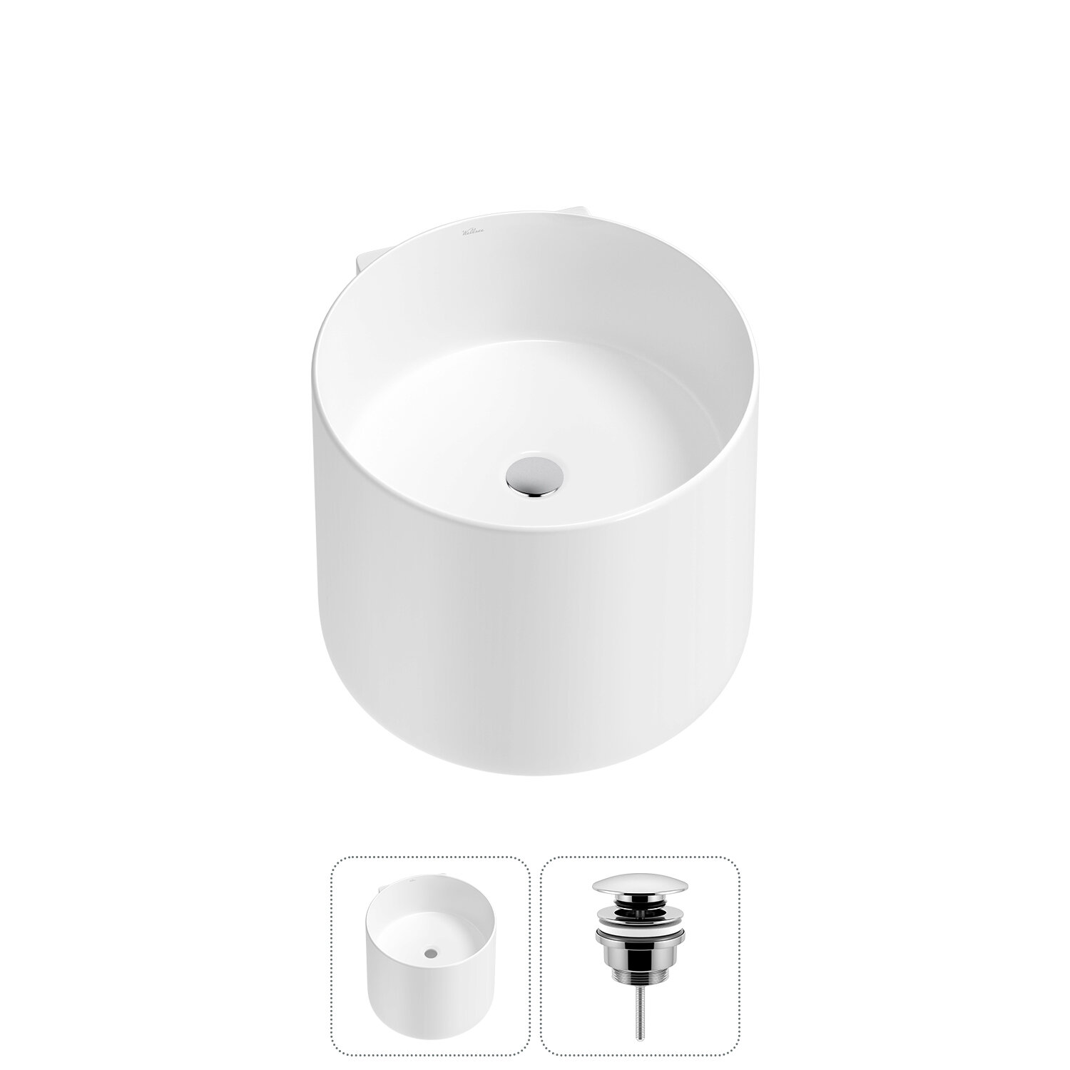 Подвесная раковина в ванную комнату Wellsee M1 Limited Edition 20213842R в наборе 2 в 1: раковина 45 см в цвете белый глянец, донный клапан в цвете хром