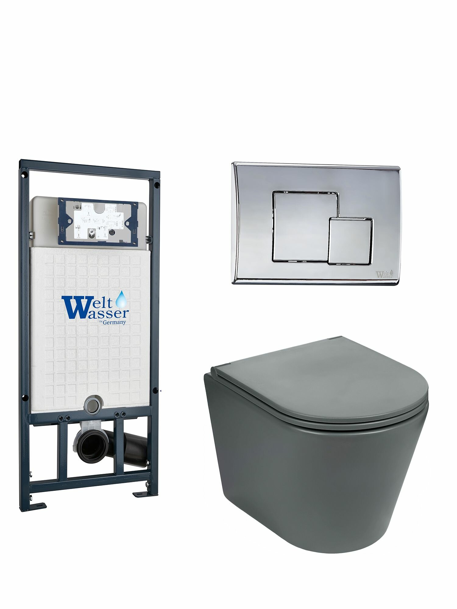 Комплект 6 в 1 WeltWasser: подвесной унитаз SALZBACH 043 MT-GR серый+кнопка смыва MAR 507 SE-CR хром+инсталляция MARBERG 507