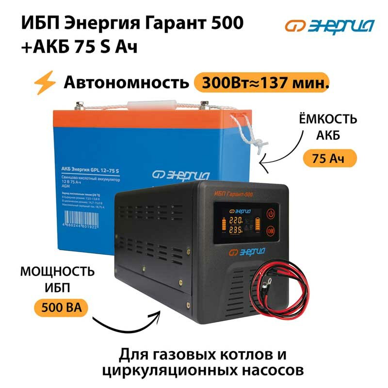 ИБП Энергия Гарант 500 + Аккумулятор S 75 Ач - 12В (300Вт - 137мин)