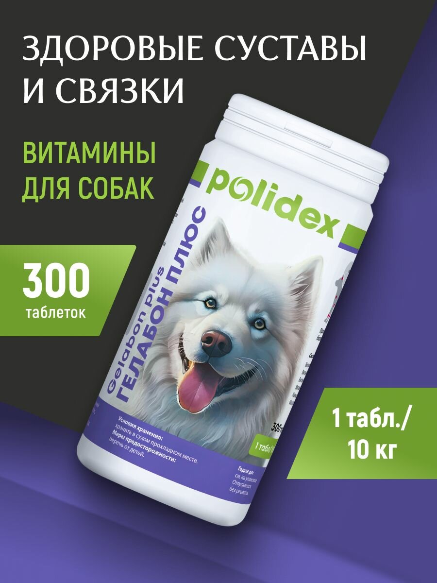 Полидэкс Гелабон плюс витамины для собак 300 таблеток, хондропротектор для суставов связок и хрящей, коллаген и МСМ Polidex Gelabon plus