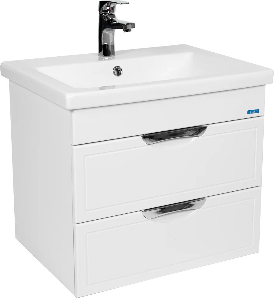 Тумба с раковиной VIANT Лима 60 подвесная, 60 см, белая, глянцевая, из МДФ, с ящиками, раковина для ванной фарфоровая, прямоугольная, встроенный слив-перелив