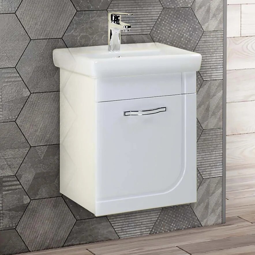 Тумба с раковиной Onika Ирис 50 подвесная, 50, 6 см, белая, глянцевая, из МДФ, с дверками, раковина для ванной фарфоровая, прямоугольная, встроенный слив-перелив