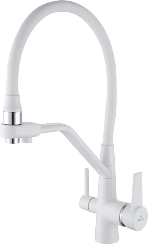 Смеситель для кухни Rose R558C с гибким изливом, с краном для питьевой воды, с поворотным изливом, белый, матовый, однорычажный, латунный, с керамическим картриджем