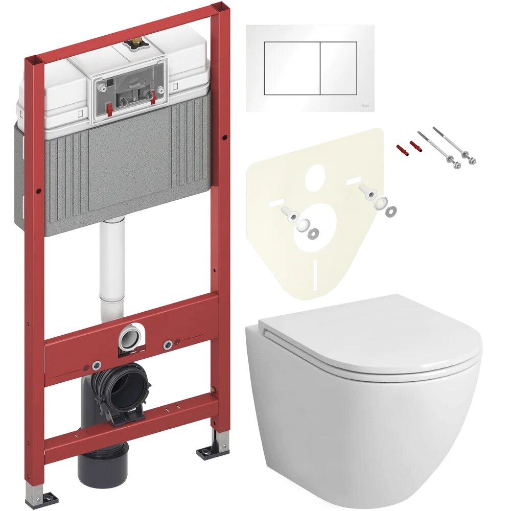 Комплект 2 в 1 Унитаз подвесной Grossman Торнадо GR-4455SQ / Инсталляция с кнопкой TECE Base 9400413 цвет белый
