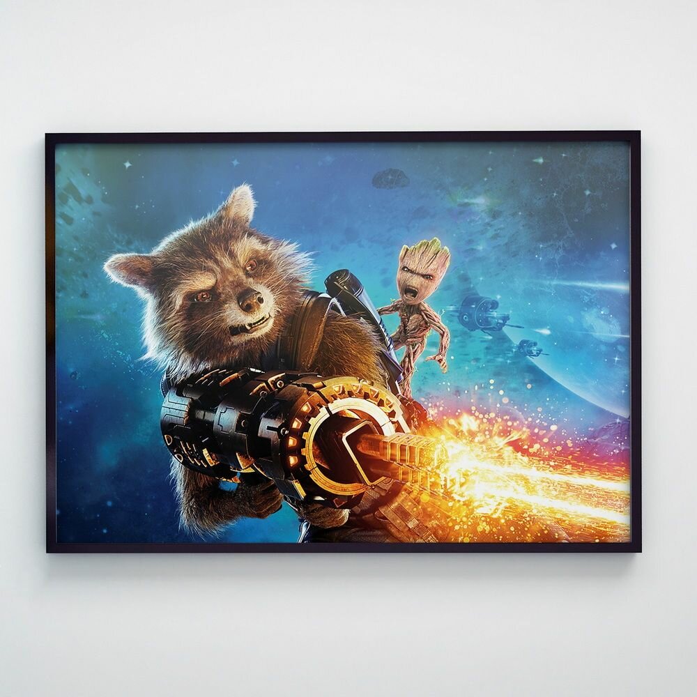 Плакат, постер енот ракета на бумаге, размер 21х30см