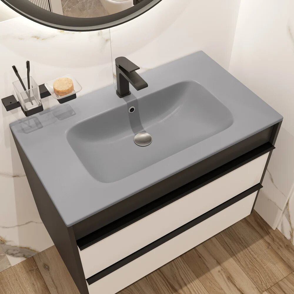 Раковина для ванной STWORKI Гриндстед 43081-112-KL 81 см, прямоугольная, фаянсовая, раковина накладная, антрацит