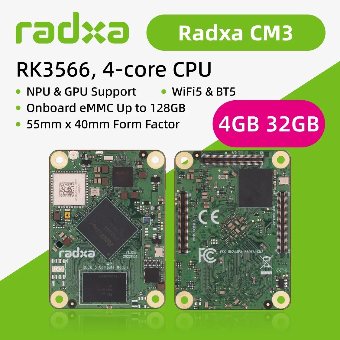 Radxa CM3 RK3566 4-ядерный вычислительный модуль процессора, графический процессор, NPU, 4K HDMI и разъем B2B 3x100-контактный, одноплатный компьютерНовый, 4GB 32GB