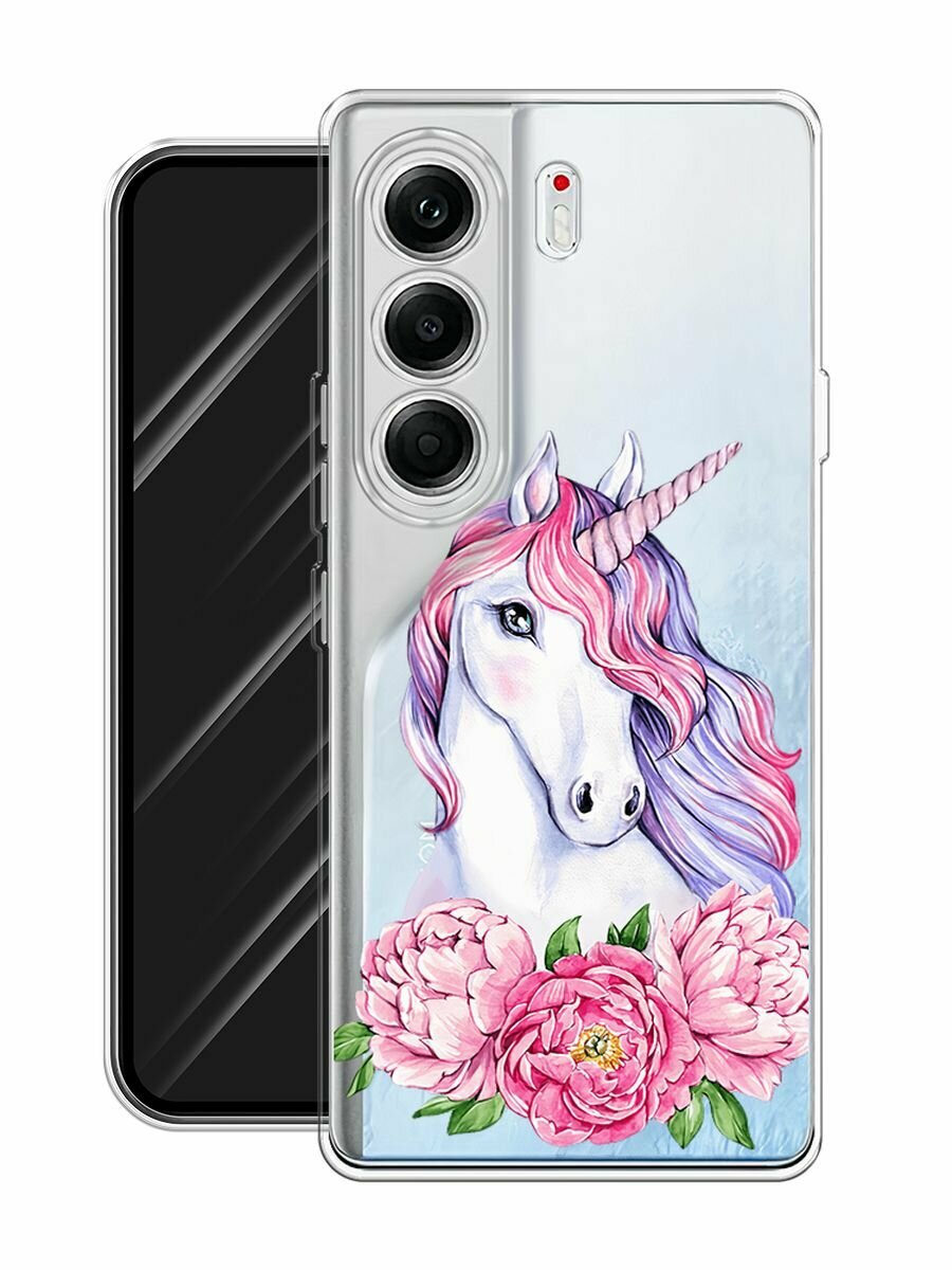 Чехол на Tecno Camon 40 Pro / Текно Камон 40 Про с принтом "Единорог с пионами", прозрачный — фото 1