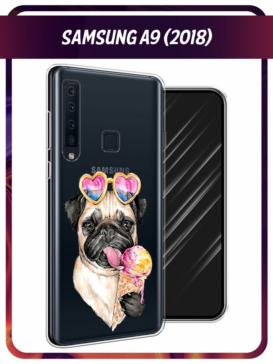 Чехол на Samsung Galaxy A9 2018 / Самсунг Галакси А9 2018 с принтом Мопс с мороженкой, прозрачный