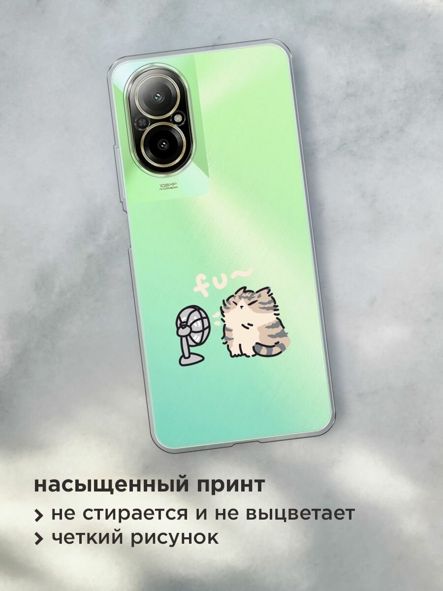Чехол на Realme C67 4G / Реалми C67 4G с принтом "Котик с вентилятором", прозрачный — фото 1