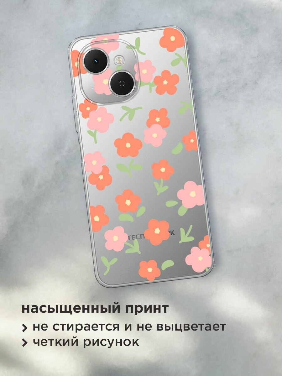 Чехол на Tecno Spark 40C / Текно Спарк 40C с принтом "Красные цветочки рисунок", прозрачный — фото 1
