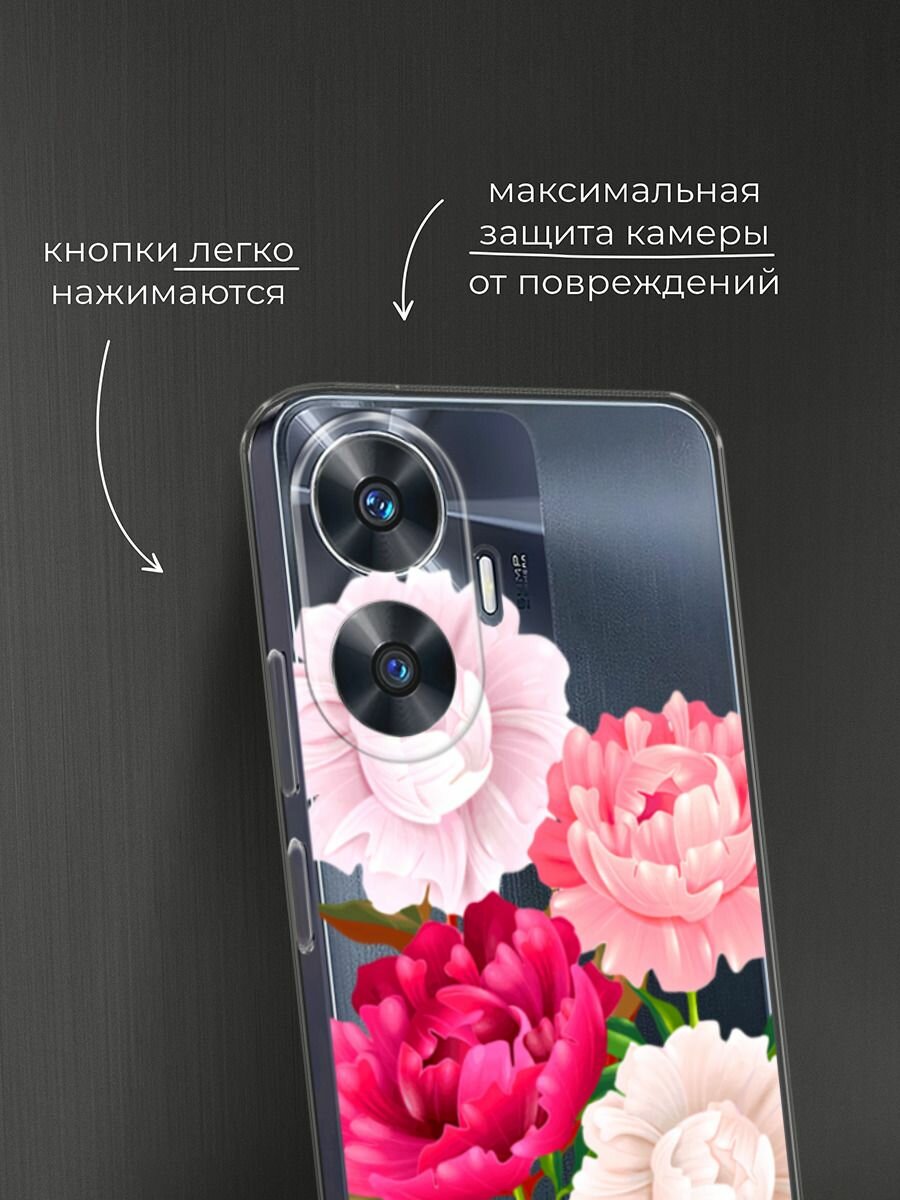 Чехол на Realme C55 / Реалми C55 с принтом "Большие пионы", прозрачный — фото 1
