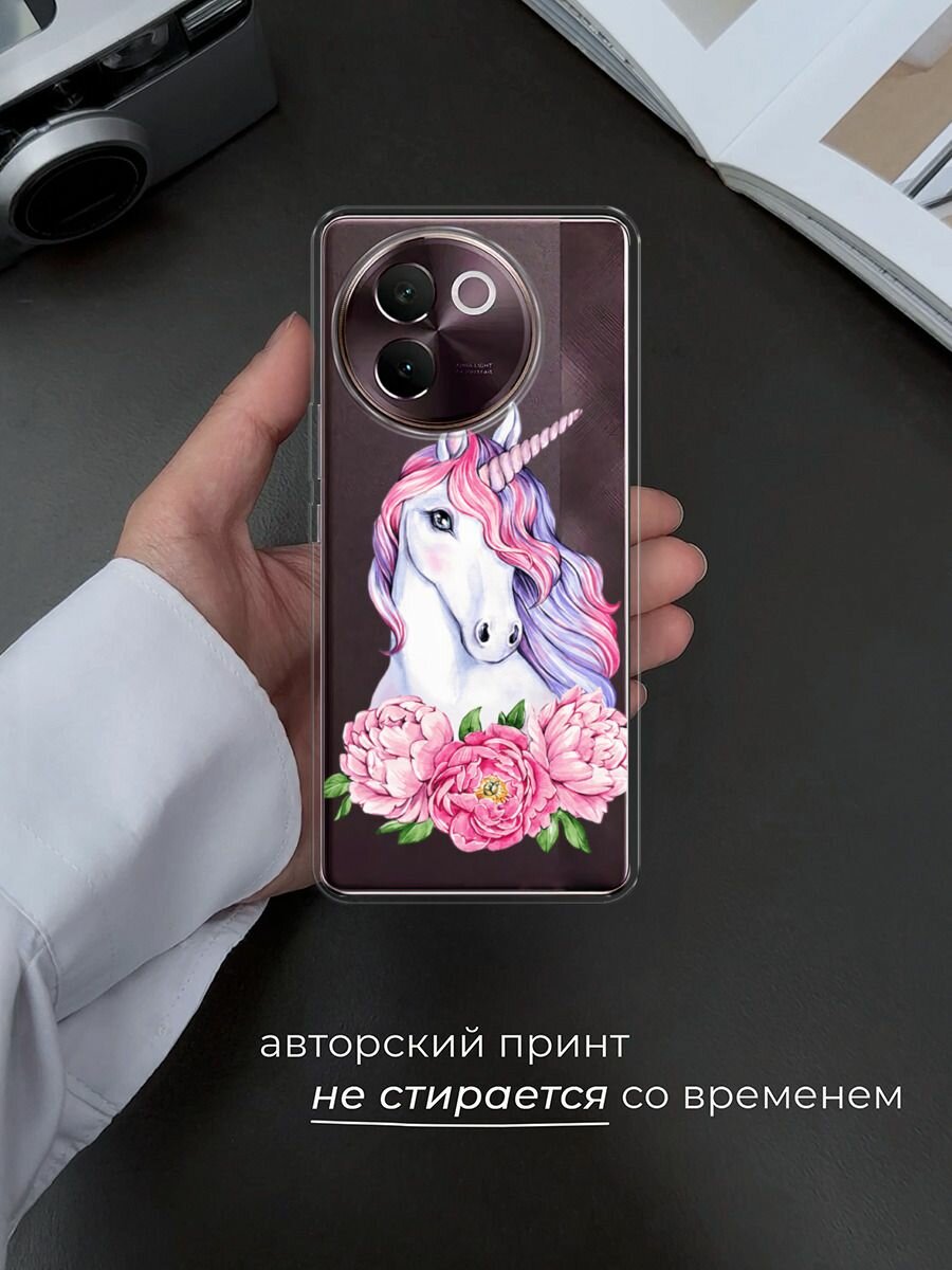 Чехол на Vivo V30e / Виво В30е с принтом "Единорог с пионами", прозрачный — фото 1