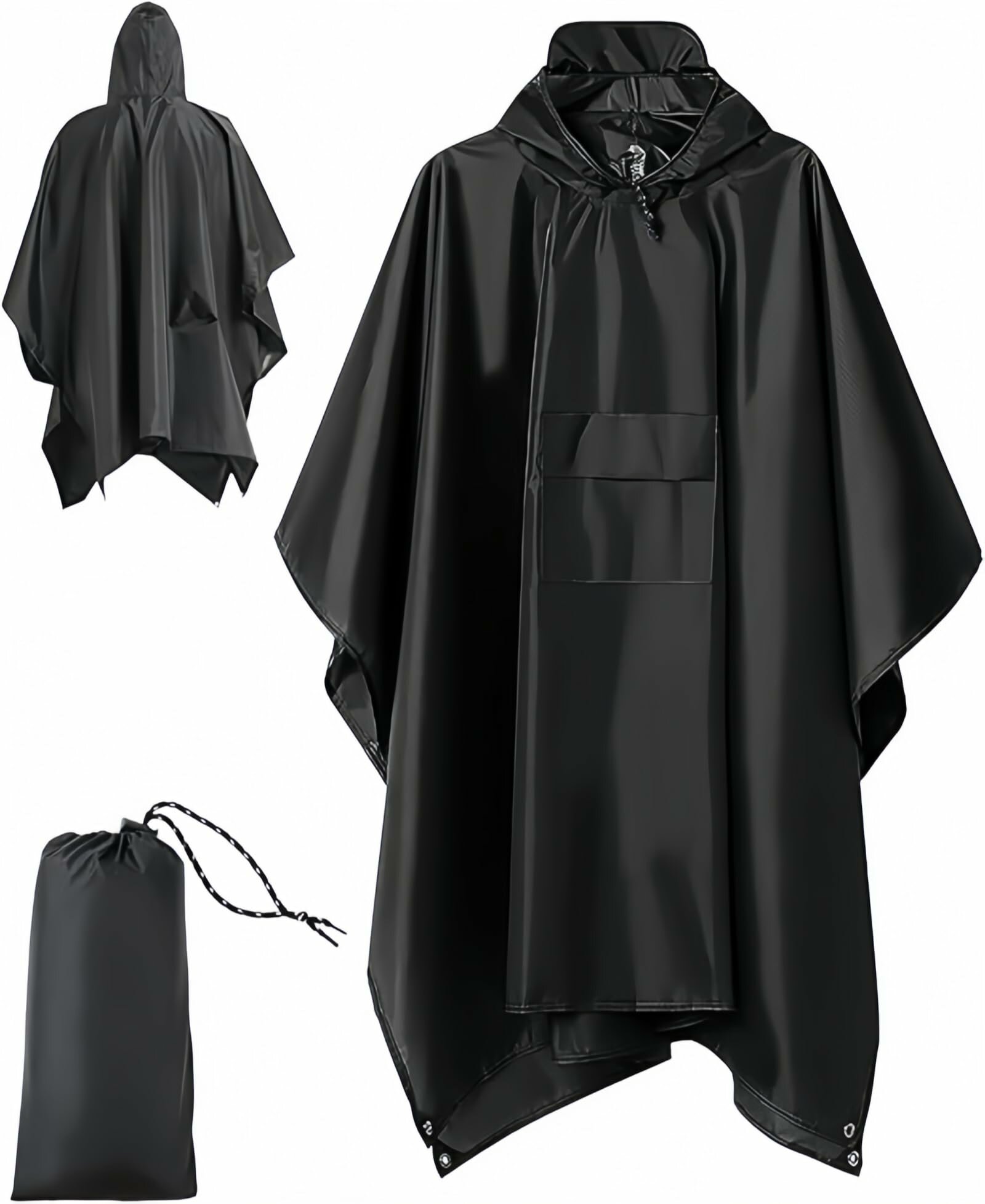 Три в одном плащ с капюшоном водонепроницаемый, портативный и многоразовый, подходит для походов, кемпинга, рыбалки, с сумкой для хранения, черный, 2 штуки