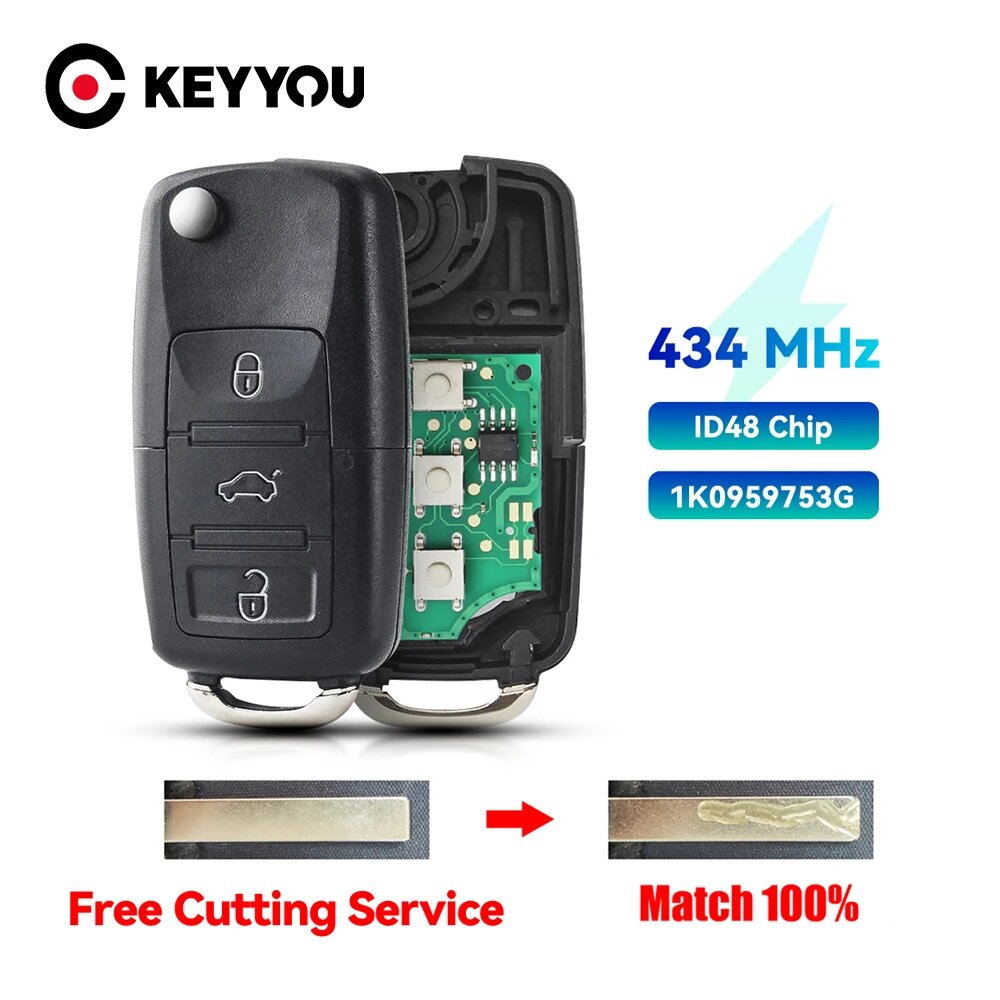 KEYYOU с режущим сервисом, 3-кнопочный дистанционный ключ для VW, для VOLKSWAGEN CADDY EOS GOLF JETTA SIROCCO TIGUAN TOURAN HLO 1K0959753G