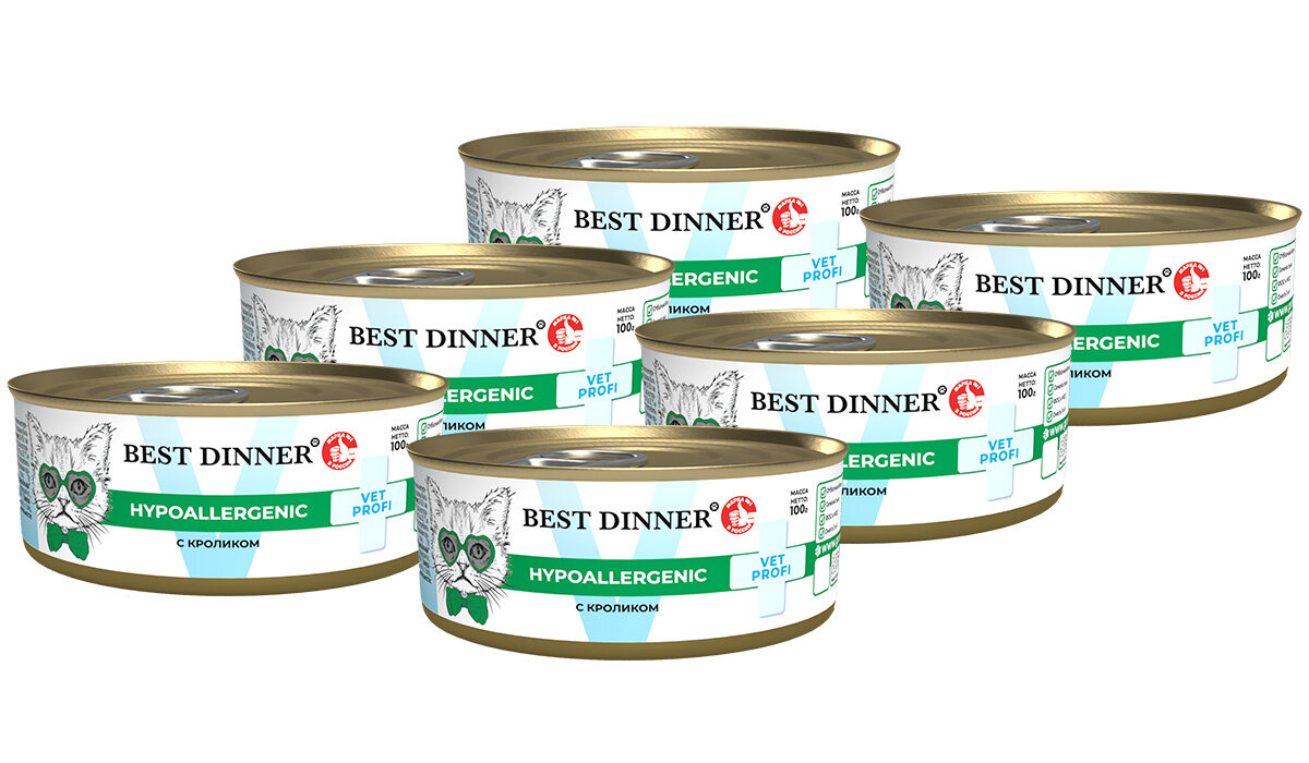 Корм влажный Best Dinner Vet Profi Hypoallergenic для котят и взрослых кошек при пищевой аллергии, кролик, 100 г х 6 шт