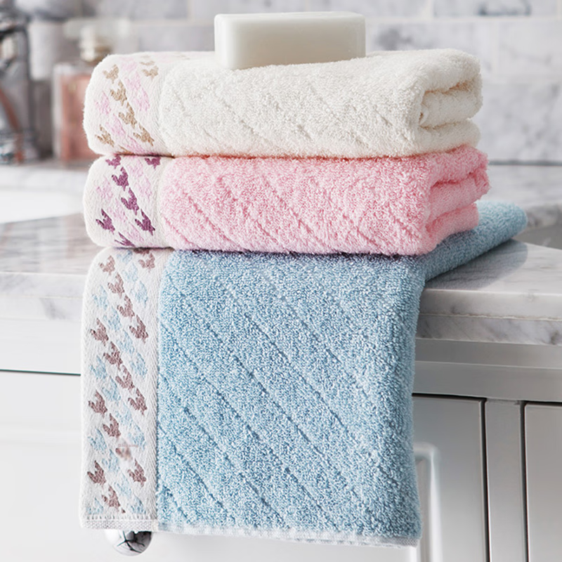 Grace Towel And Home Textile, Xinjiang Cotton Houndstooth Face Towel, Thickened Absorbent Face Cleaning Towel, Pack of Three, Red/blue/beige