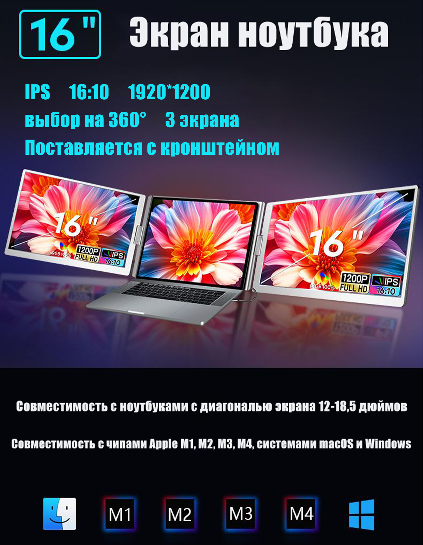 Монитор для ноутбука,16 дюймов, IPS, Два экрана, поворот на 360°, подходит для ноутбуков с диагональю экрана 12-18,5 дюймов, поддерживает разделение экрана