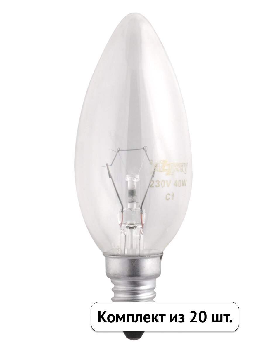 Лампочка накаливания Jazzway 40Вт, 380Лм, 2700К, E14, B35, теплый белый свет, прозрачная свеча (комплект из 20 шт.)