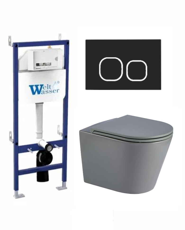 Унитаз подвесной с инсталляцией WeltWasser BAMBERG 460 + SALZBACH 043 MT-GR + BAMBERG BL серый матовый/кнопка черная матовая, безободковый, с крышкой микролифт, слив торнадо