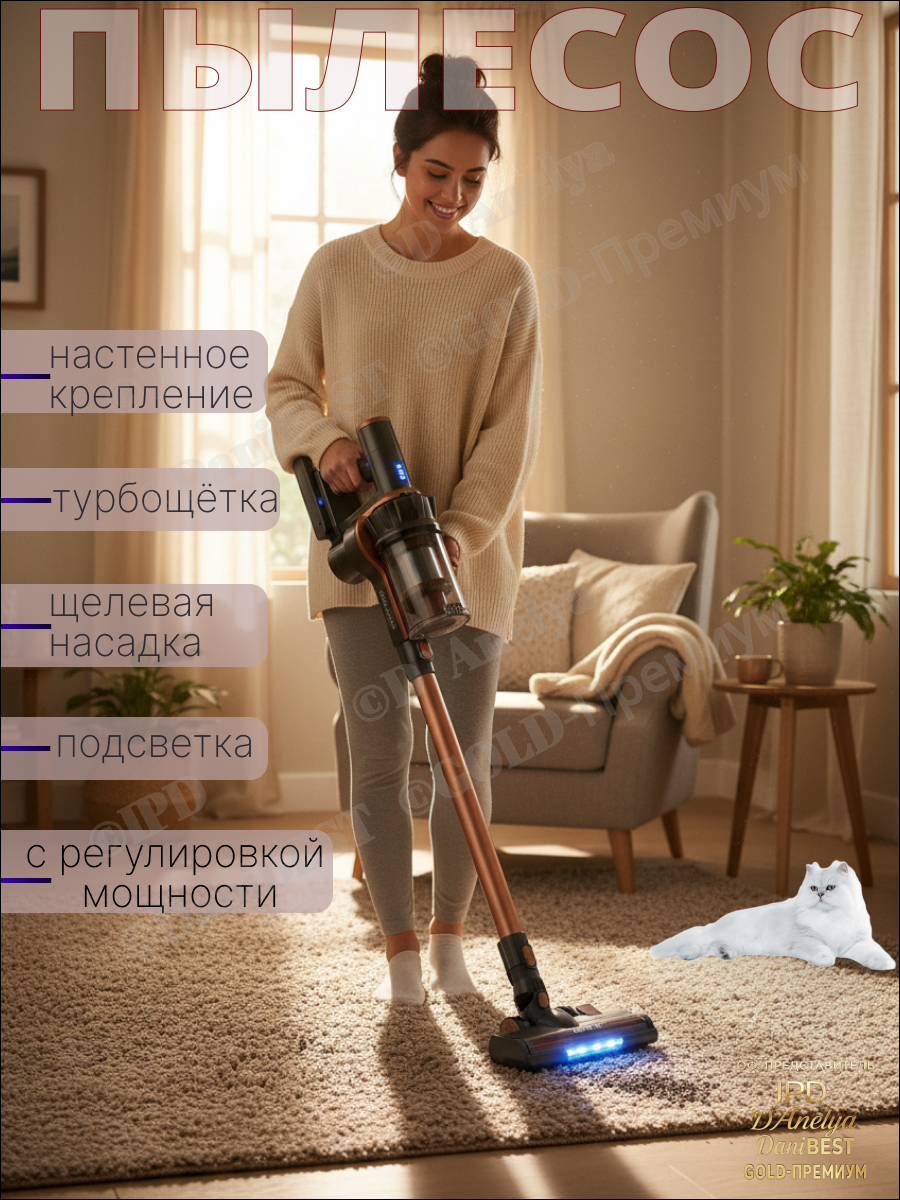 Пылесос беспроводной вертикальный, 3 в 1, 22.2V, угол наклона 90 , турбощетка, подсветка, контейнер 1.2л, для дома, ковров, паркета