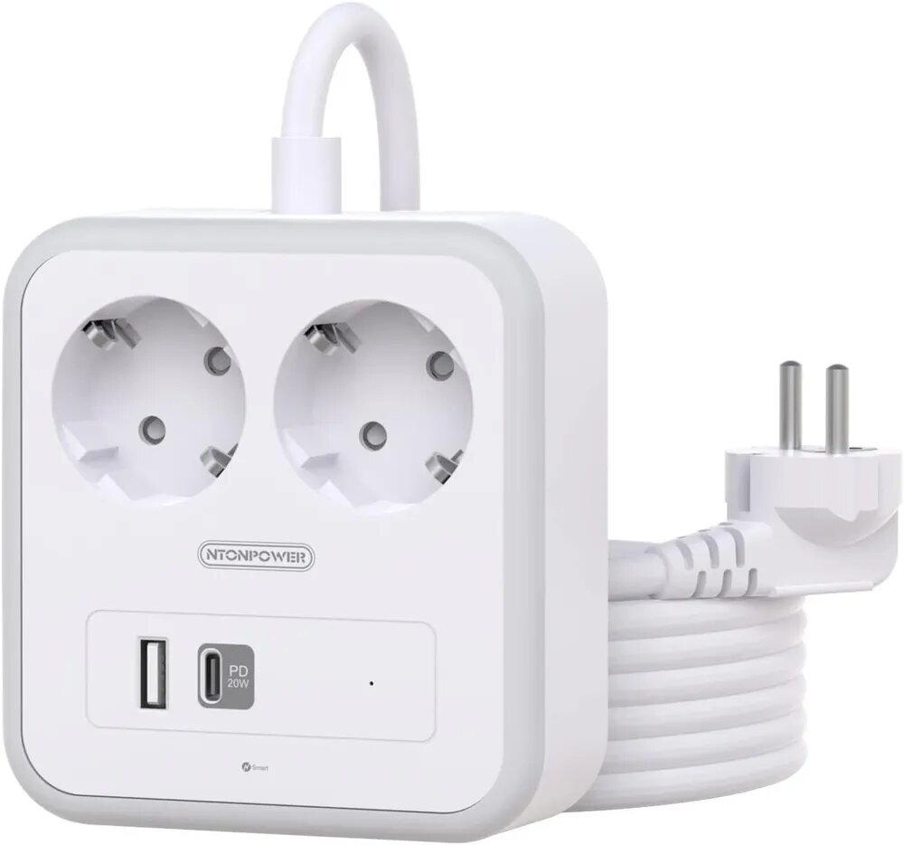 Сетевой фильтр NTONPOWER APD Удлинитель сетевой, 2 USB 2 розетки, PD 20W USB-C 18W USB-A, 3 м удлинитель, для путешествий домашних офисов