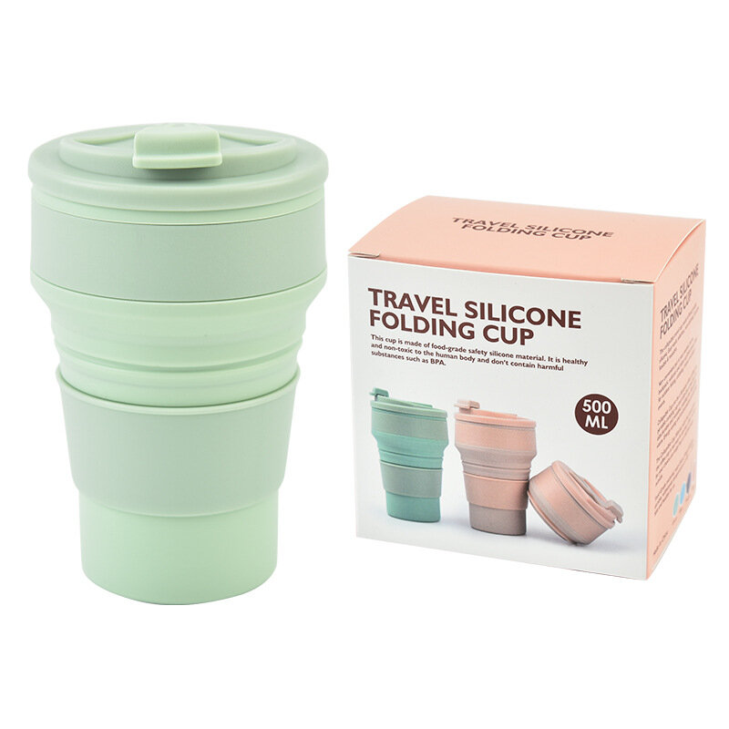 Производители оптом бытовые складные силиконовые стаканы с крышкой портативные телескопические сжимные стаканы удобные складные силиконовые стаканы Зеленый цвет упаковка 500мл цветная коробка