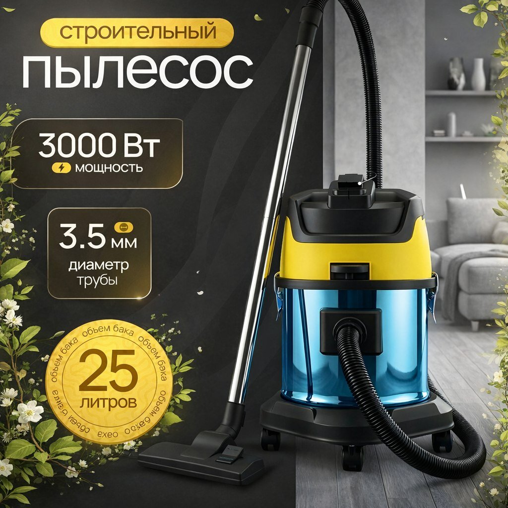 Пылесос строительный Cleanway O!-3000 с розеткой 3000Вт с розеткой, система само-отчистки
