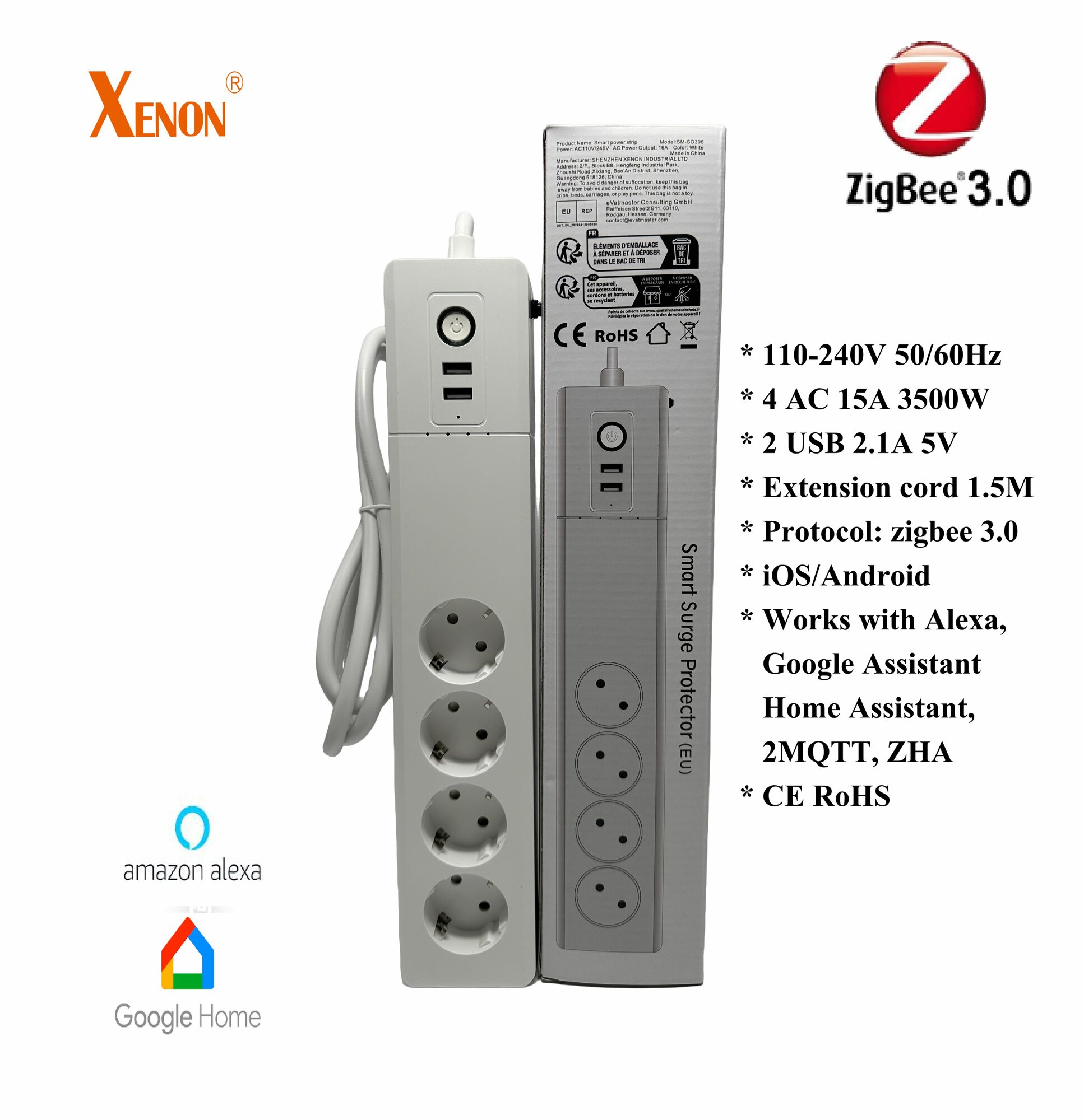 Умный сетевой фильтр UseeLink Zigbee, 16 А 3500 Вт, работает с Alexa, Google Assistant, Yandex Home Assistant, 2MQTT, ZHA