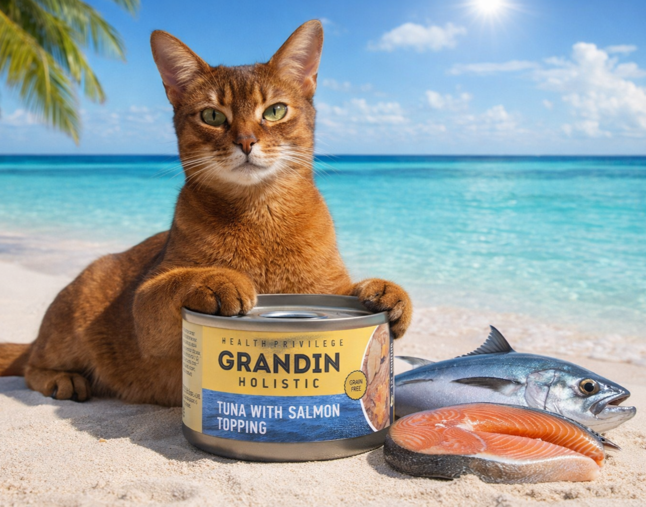 Влажный корм Grandin, Holistic, для взрослых кошек, "филе тунца с топпингом из лосося", 5шт по 80гр