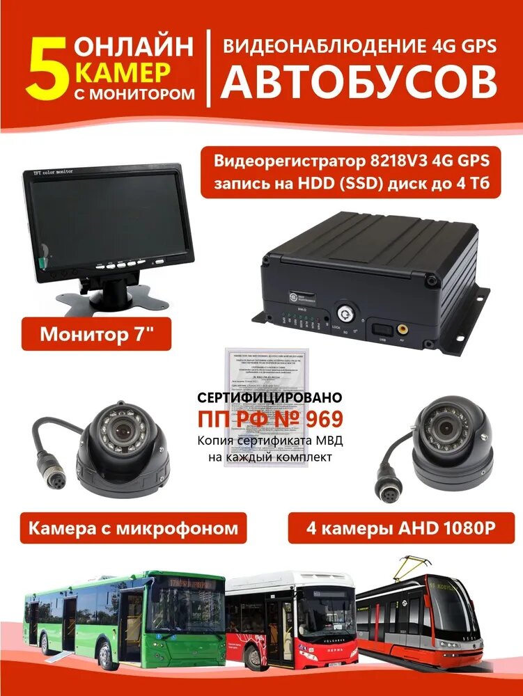 Комплект 5 камеры видеонаблюдения в автобус и общественный транспорт c 4G GPS онлайн мониторингом