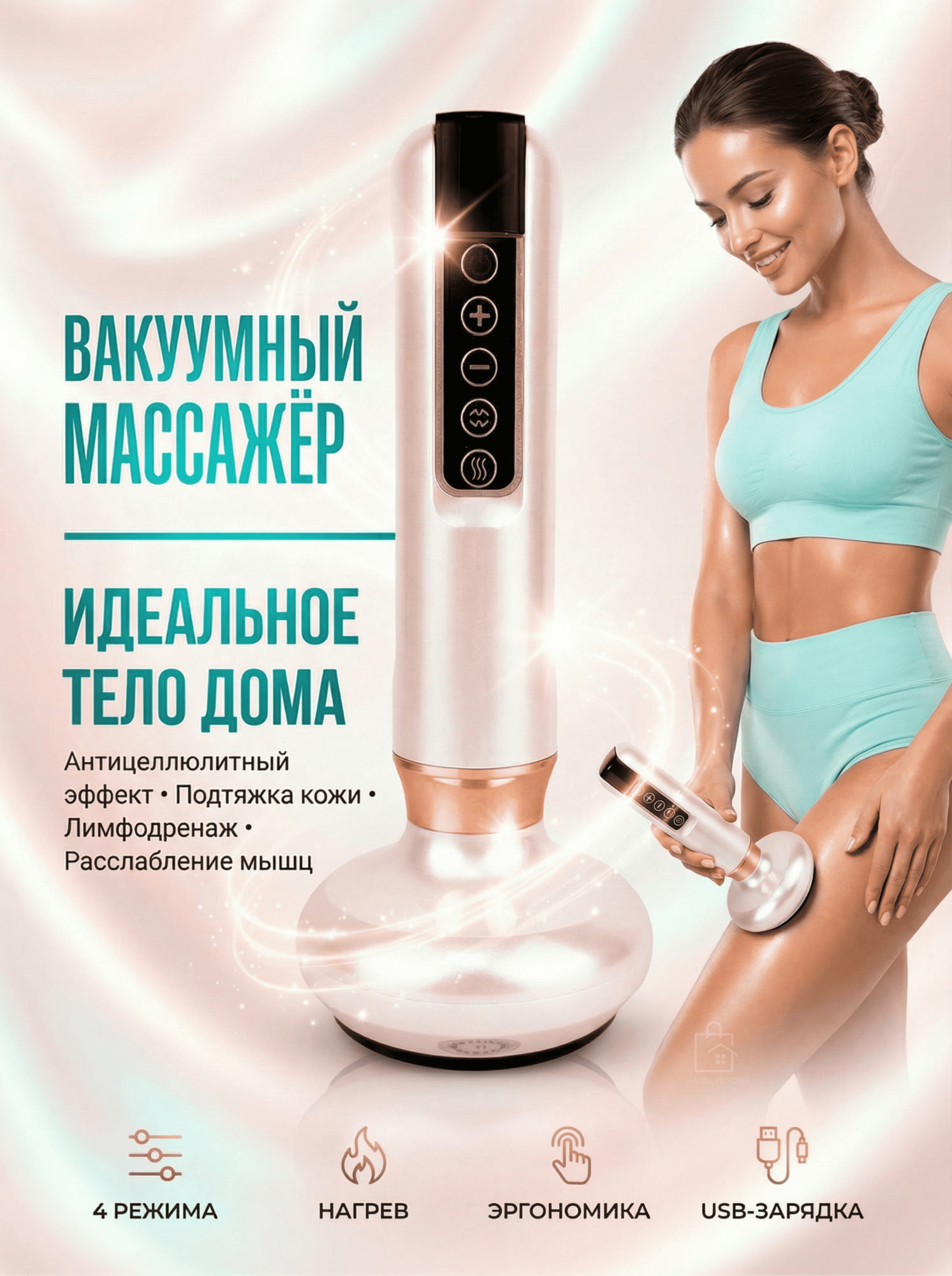 Массажер вакуумный с подогревом, 5 роликов, 12 режимов, с аккумулятором