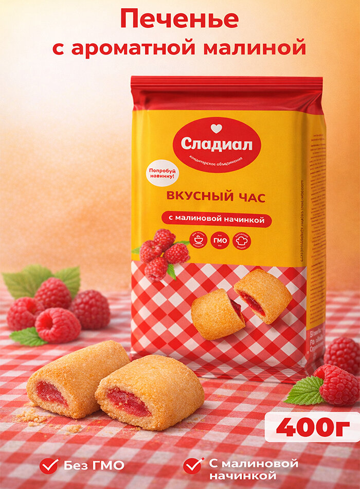 Печенье Вкусный час с ароматной малиновой 400г