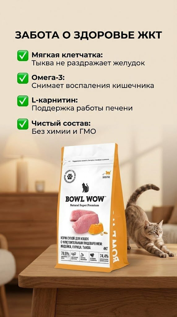 Сухой корм BOWL WOW корм для кошек с чувствительным пищеварением с индейкой и тыквой, 4 кг
