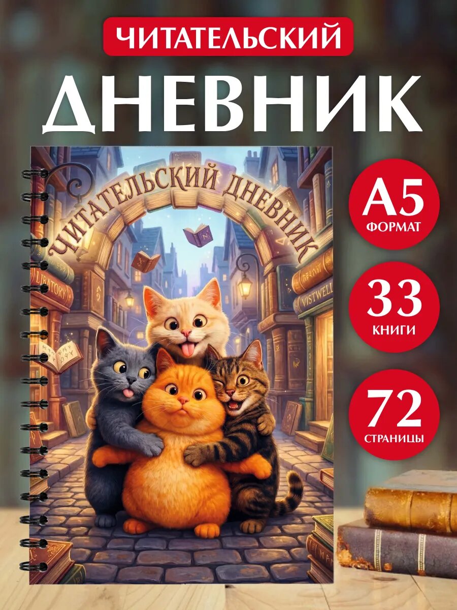 Читательский дневник для девочек, мальчиков и взрослых "Милые котики", рассчитан на 33 Книги