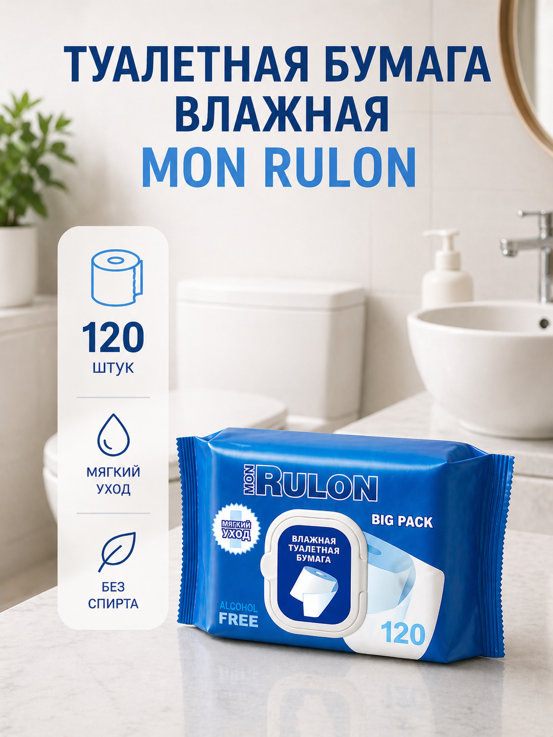 Влажная туалетная бумага Mon Rulon, мягкая текстура, 120 шт, белая