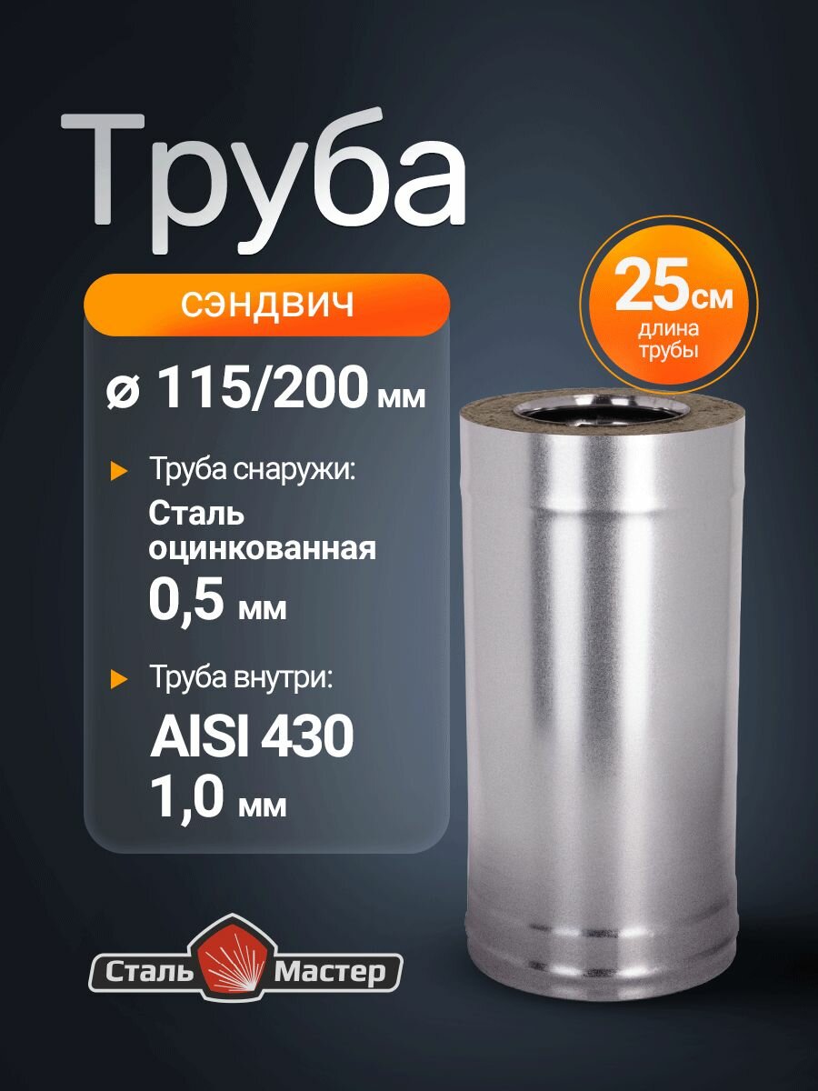 Труба сэндвич дымохода из нержавейки 115 200 0,25 м нерж 1 мм / оцинковка 0,5 мм