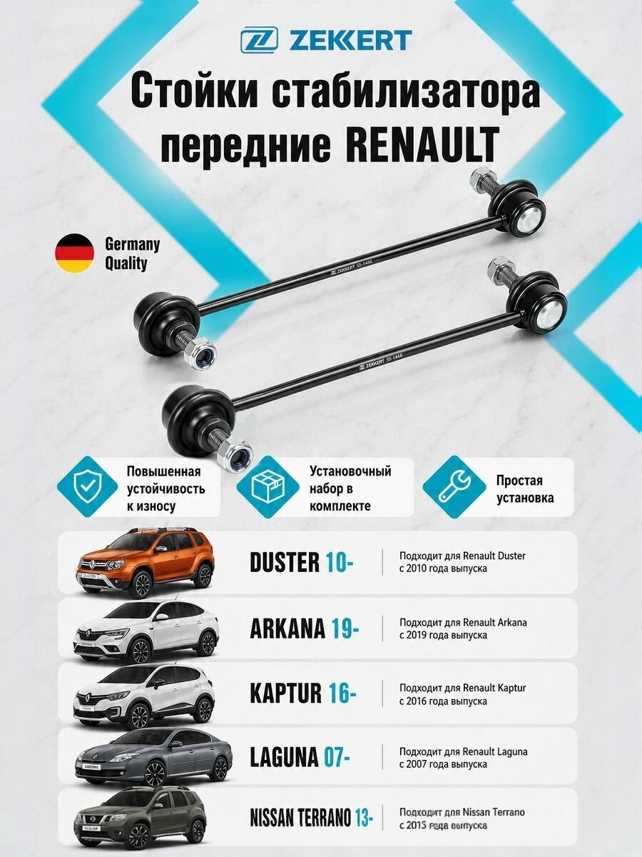 Стойки стабилизатора передние RENAULT Duster, Kaptur, Arkana, Terrano. Zekkert. Стойка стабилизатора левая + правая, комплект 2 шт. (Рено Дастер / Ниссан Террано)