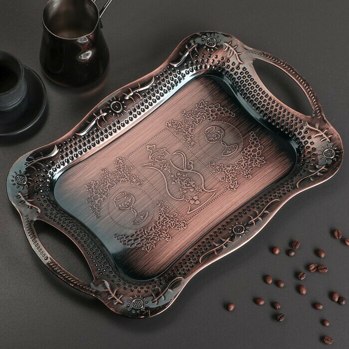 Поднос прямоугольный "Изобилие", поднос сервировочный, с ручками, 38x25x2,5 см, нержавеющая сталь