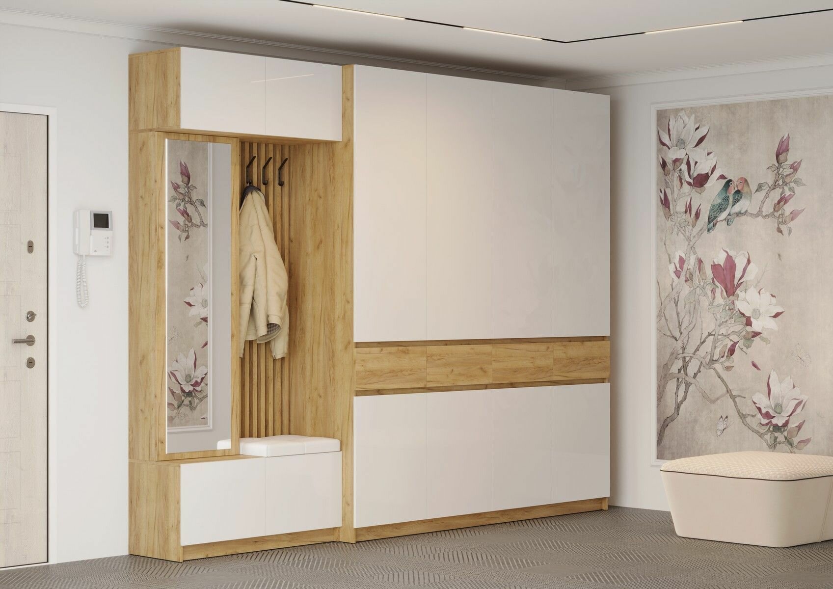 Прихожая с зеркалом комплект мебели Дуб Крафт Золотой/Серый Шифер, Бостон, 300х51х236 см Стиль