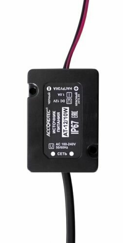 Источник питания AccordTec AT-12/10W стабилизированный, 50 Гц 100.250 В, выходное напряжение постоянного тока 12 В, ном ток нагрузки 1 А, макс ток н